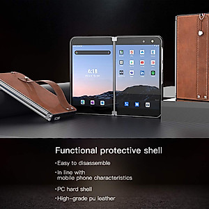 Foluu for Microsoft Surface Duo Case, Surface Duo Leather Case 2020, [Slim & Lightweight] PU Leather Back Cover Hard PC Holder with Hand Strap Protective Phone Case for Microsoft Surface Duo (Brown)