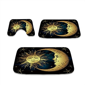 Sun and Moon Bathroom Rugs and Boho Chic Art Stars Over Blue Black Sky Mats Sets 3 Piece, Velvet Memory Foam Antique Style Bath Mat, Large Small and U-Shaped Contour Shower Mat Non-Slip Washable