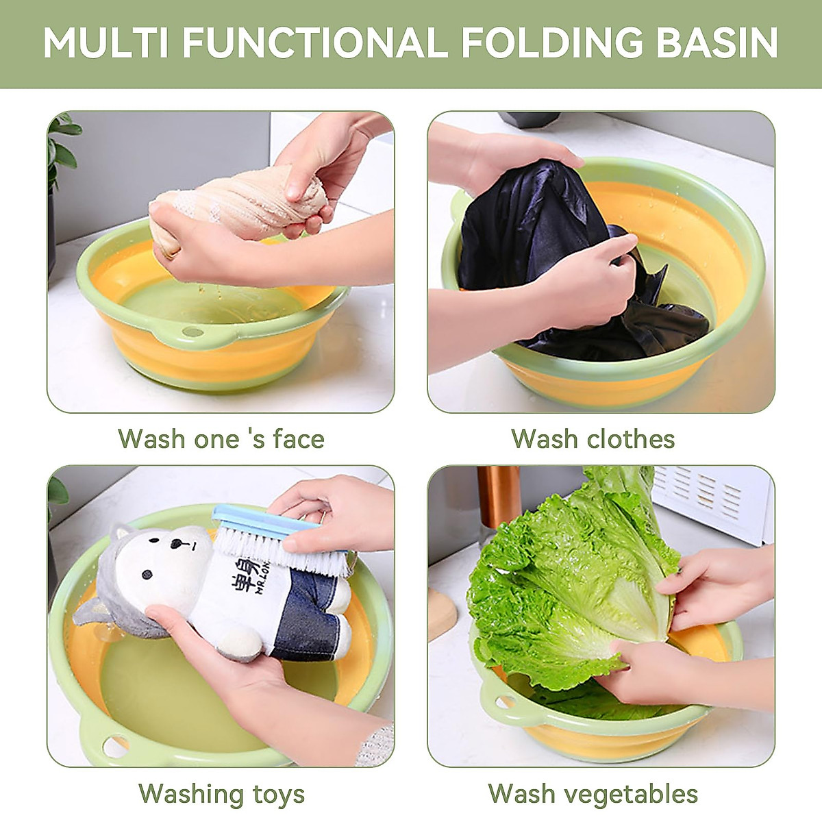 Collapsible Dish Basin, Compact Collapsible Wash Basin Lightweight Silicone Basin for Small Scale Washing Foldable Sink Tub for Outdoor Camping(Green)