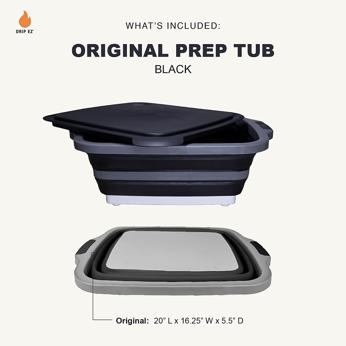 Drip EZ Collapsible BBQ Prep Tub - For Meal Prep, Marinating, Food Storage - Includes Cutting Board & Lid - (1) OG - Black
