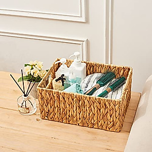 EZOWare Natural Water Hyacinth Baskets, Set of 3 Woven Wicker Rectangular Storage Organizer Bin Boxes with Handles for Closet Toys Clothes Kids Room Nursery - 2 Sizes