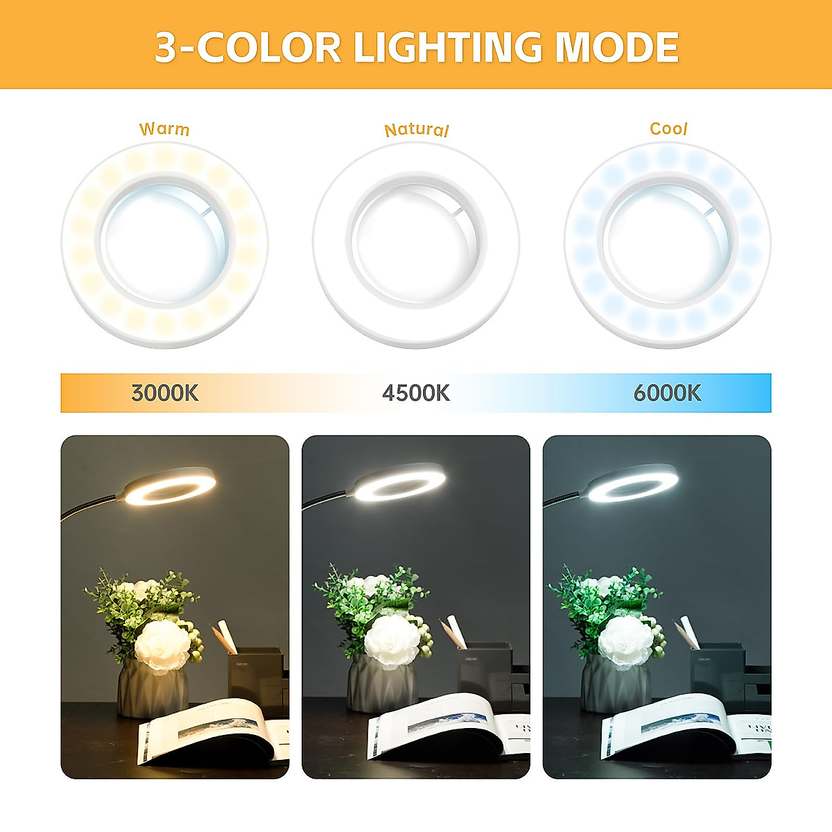 5X Magnifying Glass with Light, 10w Clip on Light, 48 LED Magnifying Desk Lamp, 3 Modes Dimmable Lit Magnifier Lamp with Handsfree Gooseneck for Bed Work Crafts Workbench