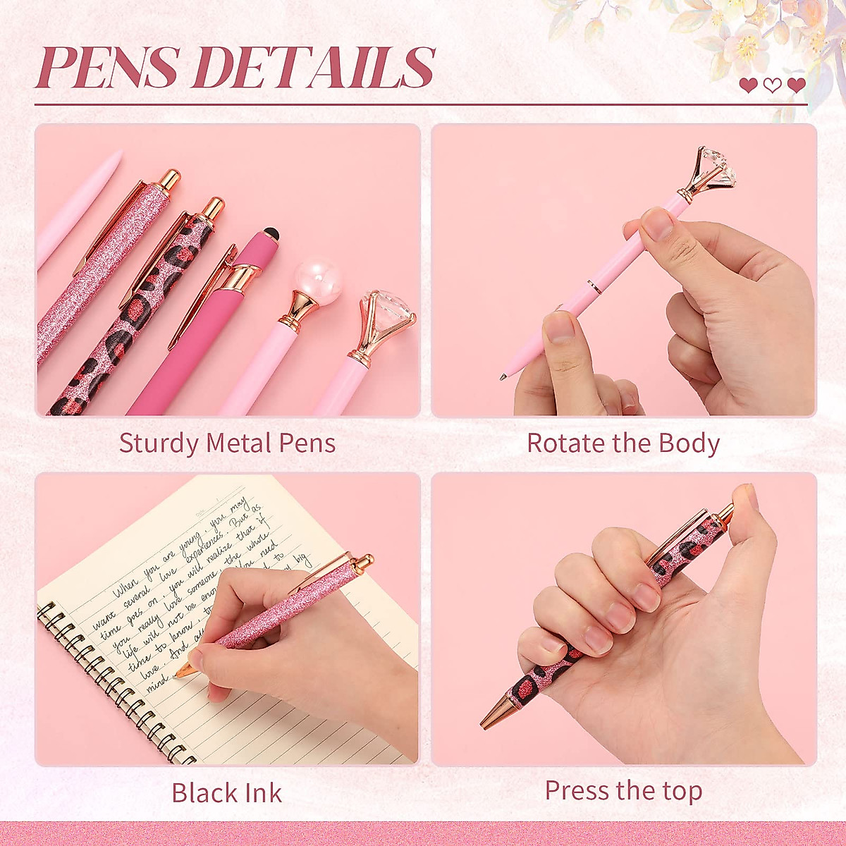 Qeeenar 6 Pcs Ballpoint Pens Set Metal Crystal Diamond Pen for Journaling Glitter Pretty Cute Stationery Black Ink Fancy Gifts for Women Girls Teacher Office Wedding School Supplies(Pink Series)