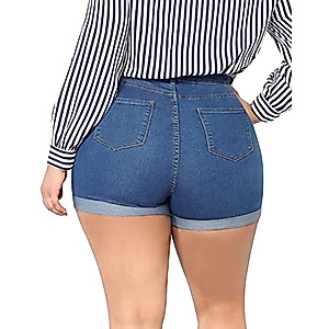 Cuihur Women's Plus Size Summer High Waisted Denim Shorts Folded Hem Casual Jeans Short Dark Blue 14