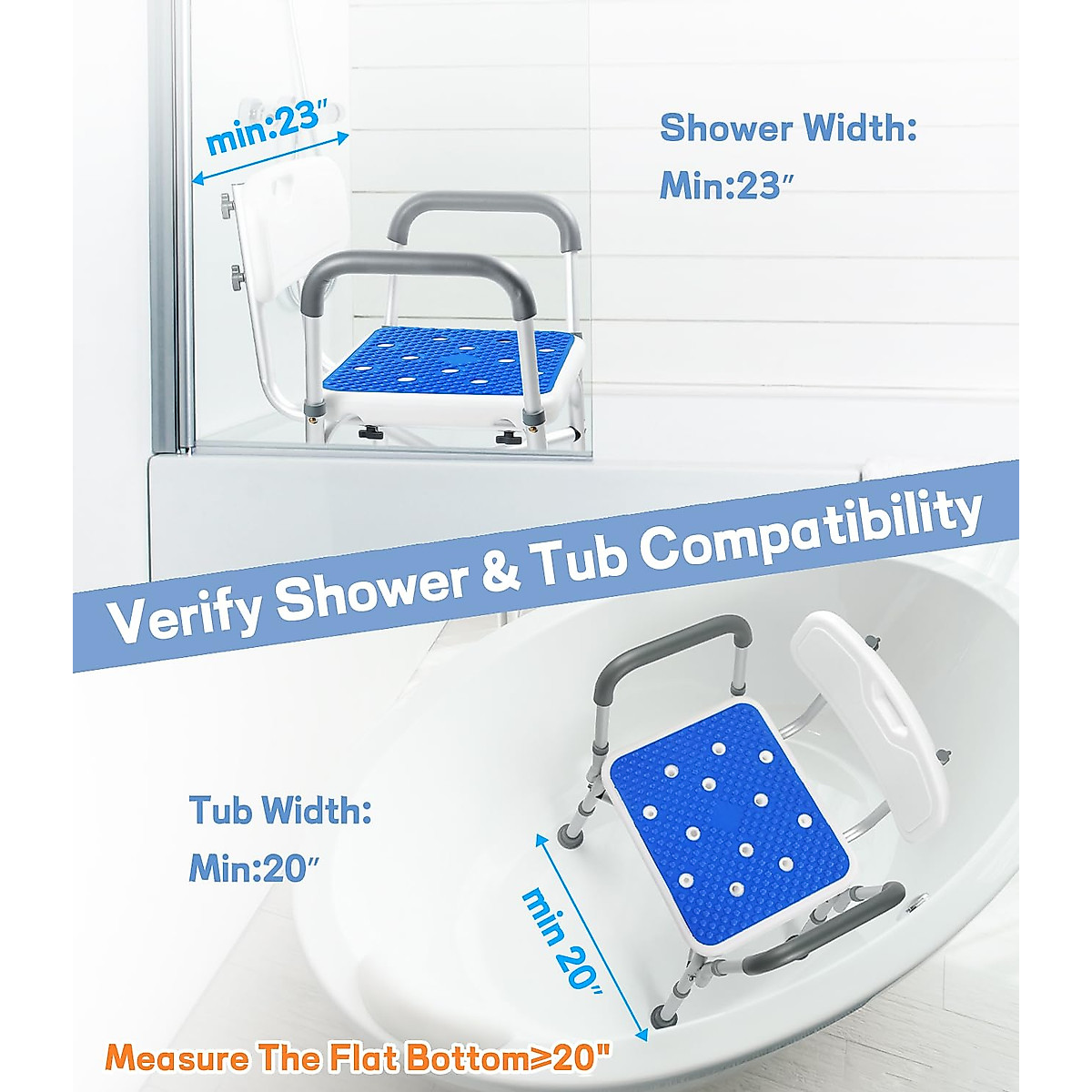 Adjustable Shower Chair with Arms and Back, Heavy Duty Shower Chair for Inside Shower with Double Crossbars, Safety Bars & Rust-Proof Shower Benches for Elderly and Disabled, Anti-Slip Mat Include