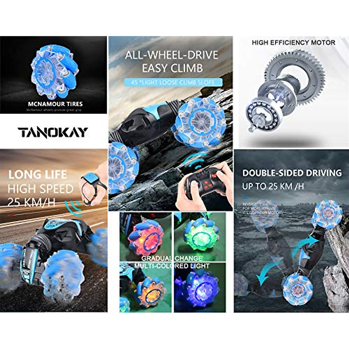 TANOKAY RC Stunt Car, 2.4GHz Remote Control + Gesture Sensing Monster Truck, Big Off Road Double Sided Racing Rock Crawler, Stunt Drift Rechargeable Vehicle for Kids & Adults