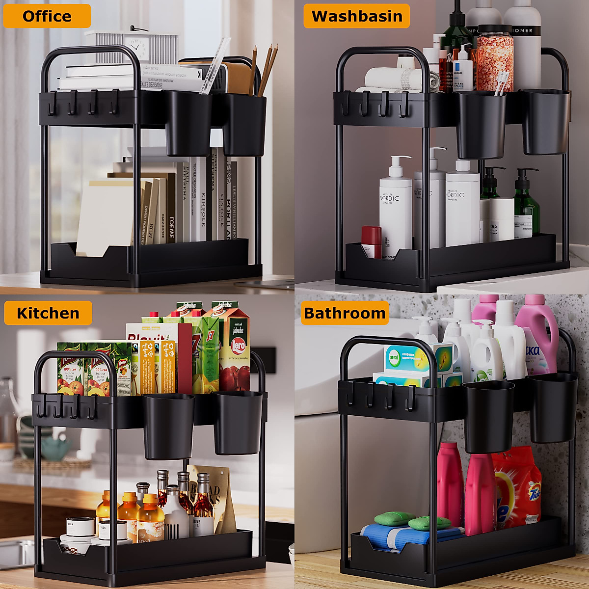 Under Sink Organizers and Storage, 2-Tier Sliding Under Cabinet Bathroom Storage with Hooks, Hanging Cup, Handles, Multi-Purpose Under Sink Organizer for Bathroom Kitchen, Black, 2Pack