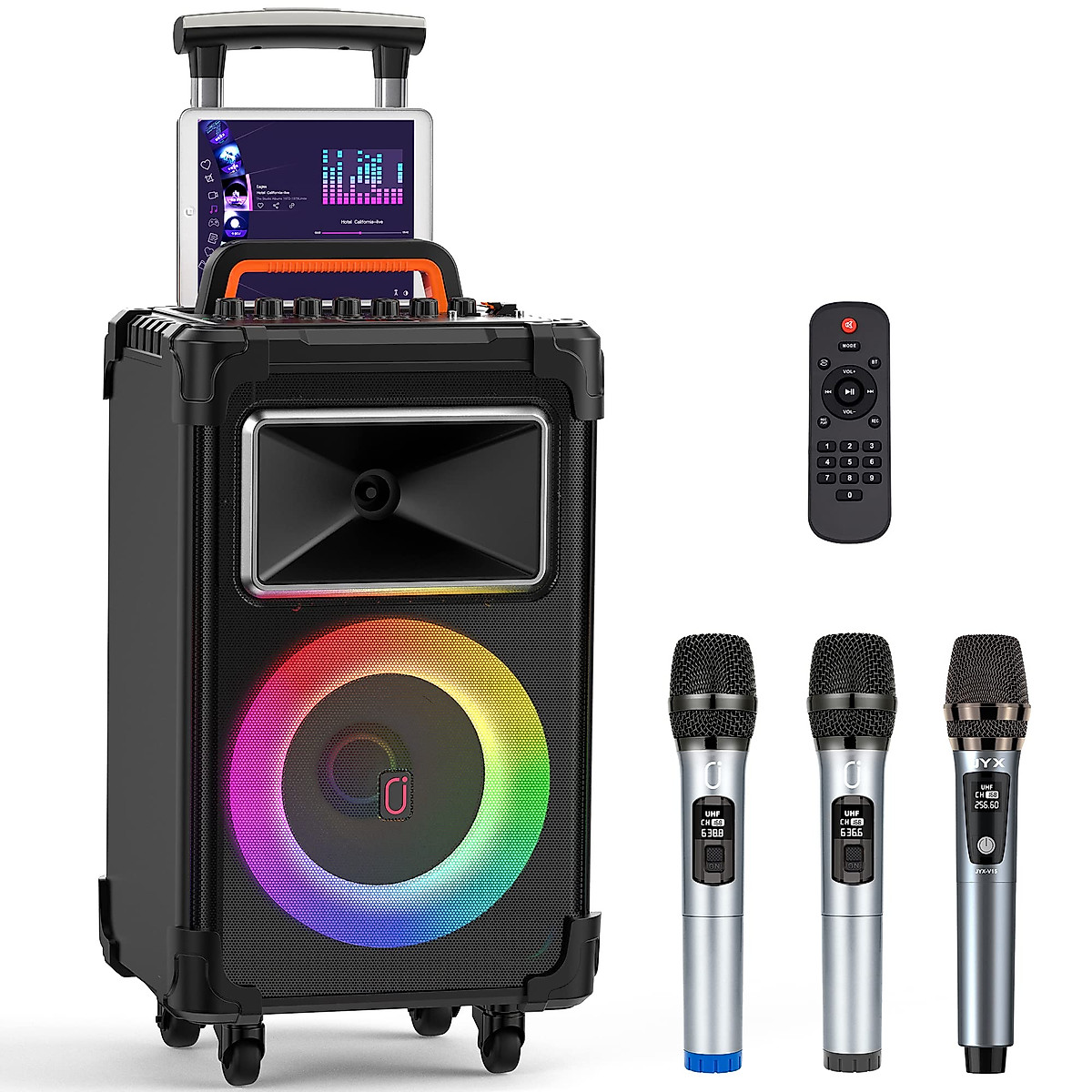 JYX Karaoke Machine with 3 Wireless Microphones,Livestream Speaker PA System Sbuwoofer with 8 Sound Effects,Lyrics Display Holder,LED Lights,Treble/Bass Adjustment, Support TWS/REC/FM/USB/SD/AUX-in