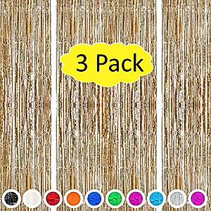 Vanujoy 3 Pack Champaign Gold 3.3ft x 6.6ft Tinsel Foil Fringe Backdrop Curtains for Birthday Anniversary Retirement Party Decorations