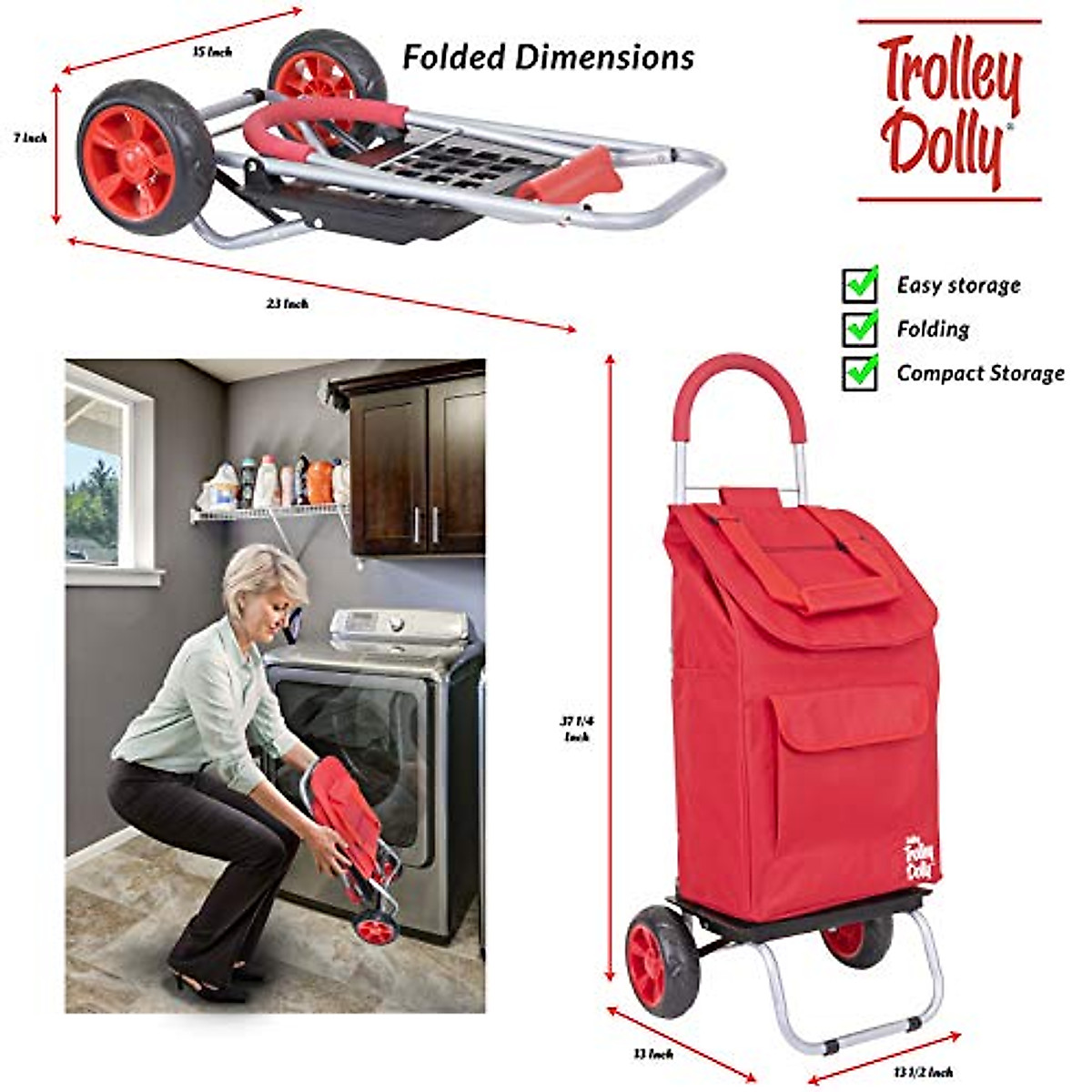 dbest products Trolley Dolly Red Foldable Shopping cart for Groceries with Wheels and Removable Bag and Rolling Personal Handtruck Standard