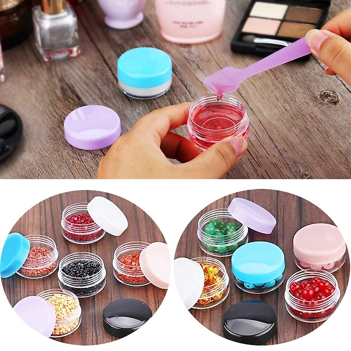 Wopanxye 20pcs 20ml Small Sample Jars, 20g Multi-color Empty Refillable Cosmetic Container, Plastic Round Pot Screw Cap, 20g Travel Bottles for Makeup Eye-shadow Nails Lip Gloss Balms, Extra Spatulas