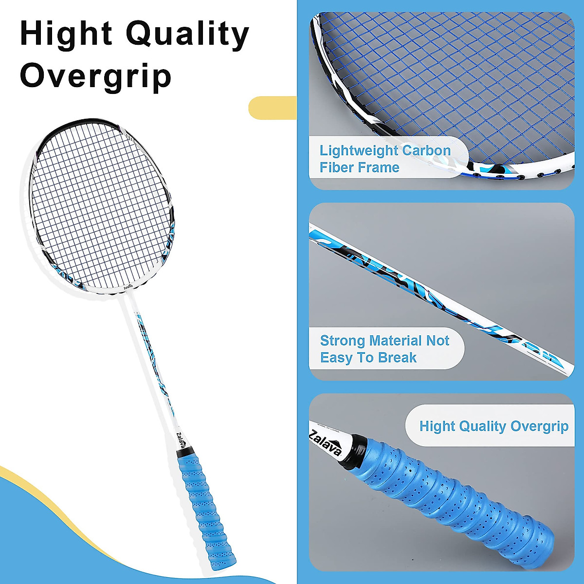 Professional Badminton Rackets Lightweight Badminton Racquets Set, Zalava Badminton Set 4 Pack,Carbon Fiber, 3 Shuttlecocks, 2 Protect Case, 4 Overgrip Included,for Beginners,Advanced Players