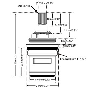 Gaosin Bathroom Basin 2PCS Pair 1/2'' Ceramic Disc Cartridge Replacement Mixer Hot and Cold Tap Inner Faucet Valve Quarter Turn 20 Teeth 52 MM Hot And Cold Pair