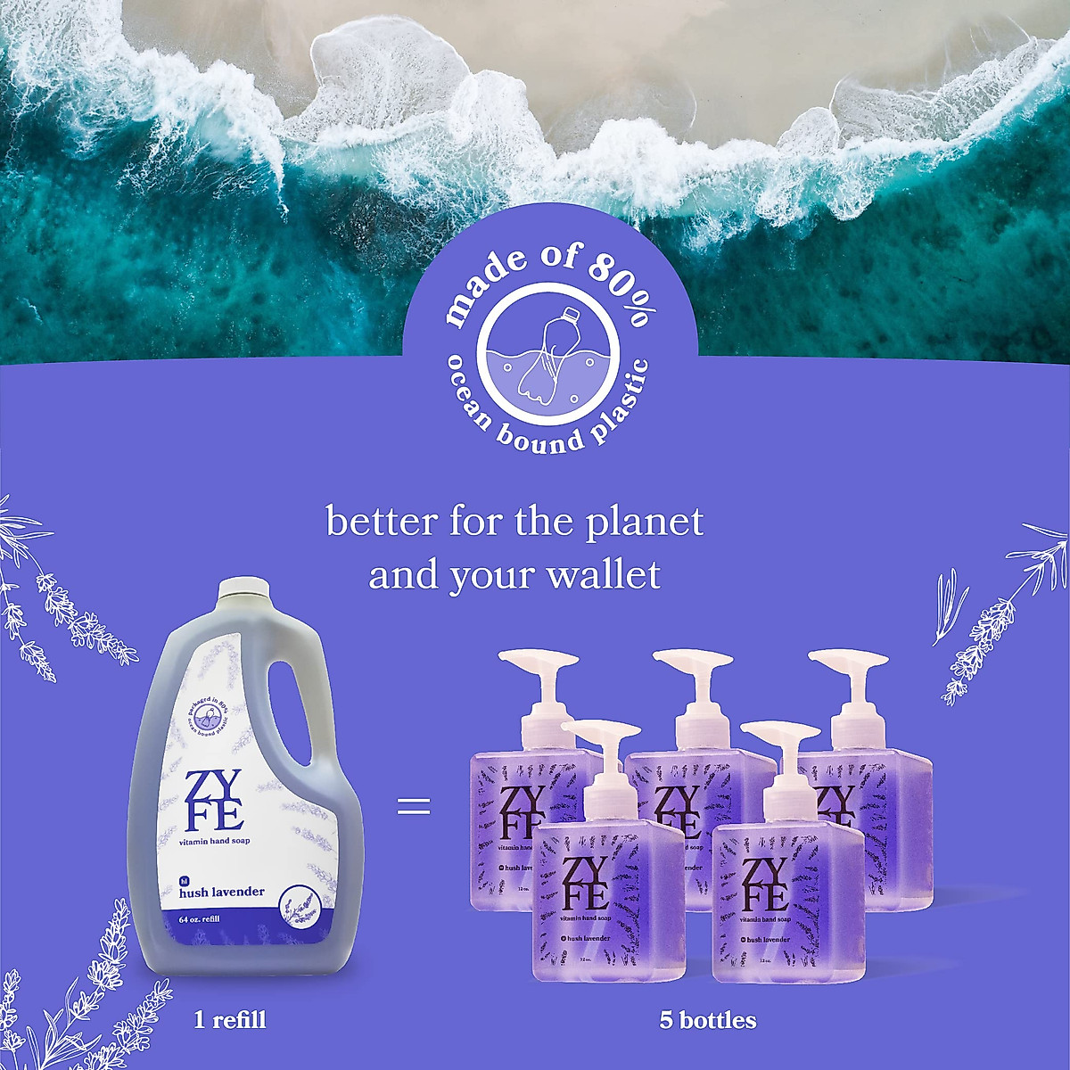 ZYFE Liquid Hand Soap Refills - Non-Toxic, Plant-Derived Vitamin Hand Soap with Essential Oils - Kitchen Hand Soap Refill & Bathroom Essentials Handsoap Hand Wash - Hush Lavender Scent, 64oz