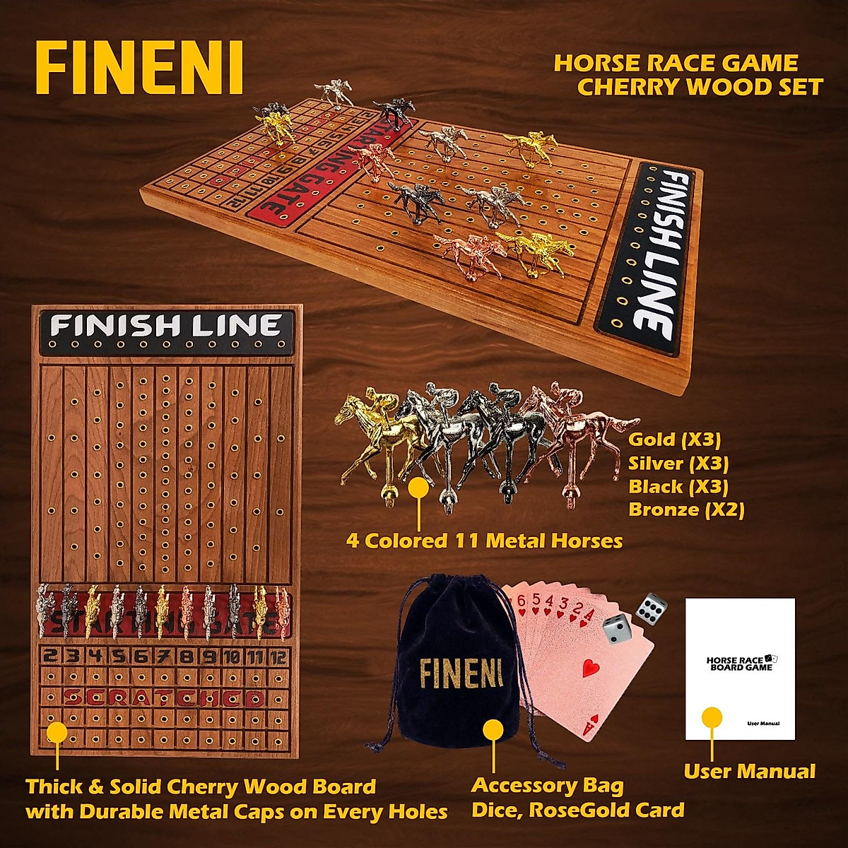 FINENI Horse Racing Game for Adults, Horse Race Board Game with 11 Luxurious Metal Horses (Gold, Silver, Black, Rose Gold), 22” Cherry Wood Horse Race Game Board, Dice & RoseGoldCard Included (Cherry)