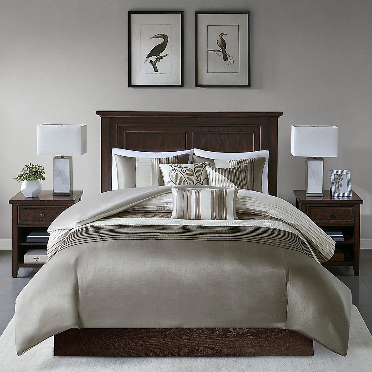 Madison Park Amherst Size-Khaki, Ivory, Stripes Duvet Set – 6 Piece – Ultra Soft Microfiber Light Weight Bed Comforter Covers, King/Cal King(104"x92"), Natural