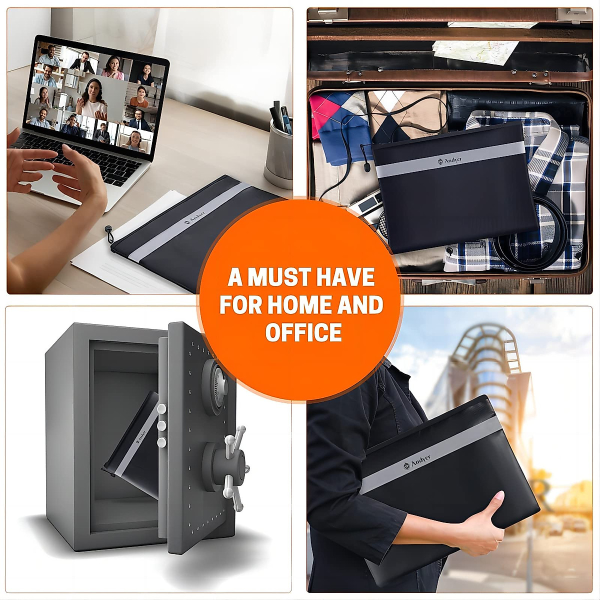 Andyer Fireproof Document Bag with Money Bag - 2 Pack 13.4”x10” and 11"x6" Waterproof & Fireproof Bags - Fireproof Safe Storage Pouch with Zipper for A4 Documents, Money, Cash, Passport and Tablet