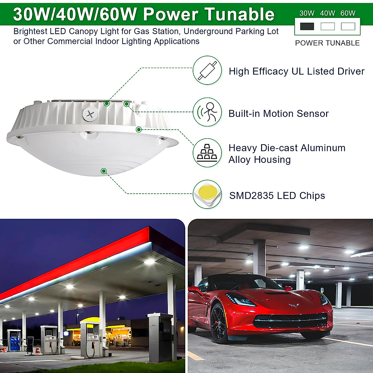 OSTEK LED Canopy Gas Station Light with Motion Sensor 30W/40W/60W 5000K LED Parking carport Lights 90-277V IP65 Commercial Residential Lights DLC & UL Listed