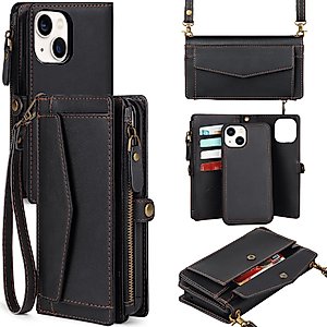 DKDKSIP for iPhone 15 Wallet Case for Women, Support Wireless Charging with RFID Blocking Card Holder, PU Leather Zipper Wallet Detachable Magnetic Phone Case with Crossbody Strap, Black