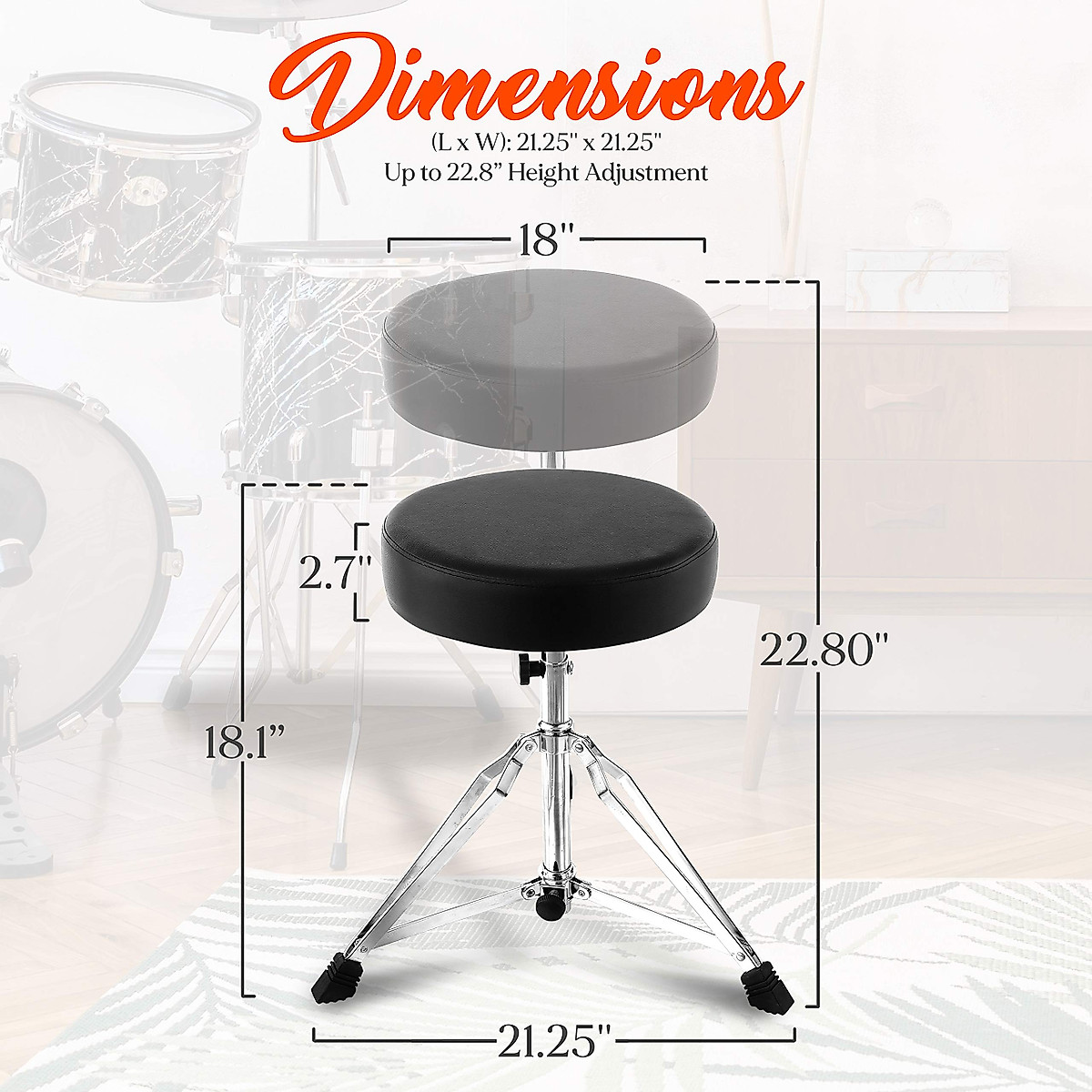 Pyle Adjustable Drum Throne Stool-Portable with Double-braced Tripod Legs, Foam-Cushioned Seat, Perfect for On Stage and in-Studio Use PSEATDRM28