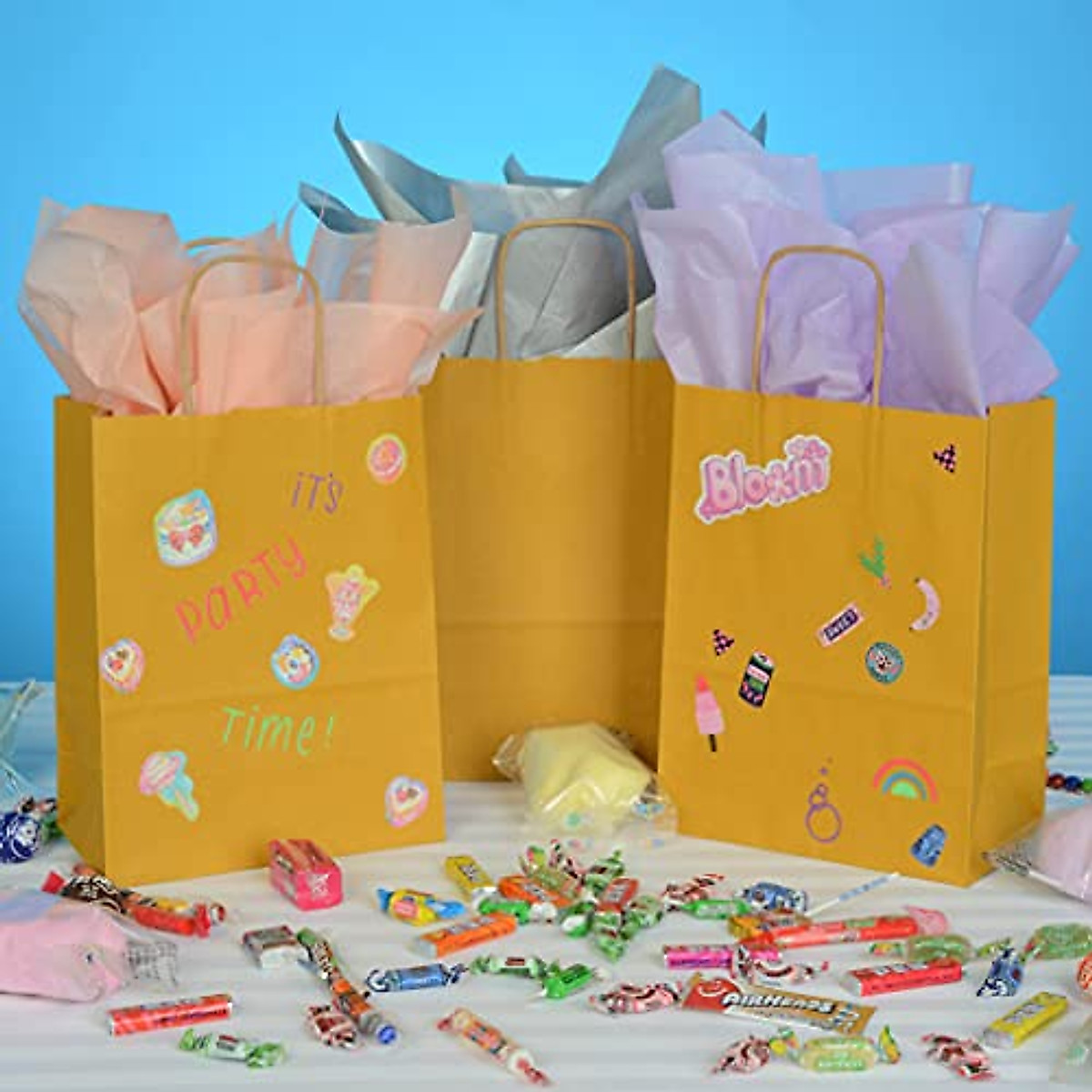 Yellow Gift Bags - 8x4x10 Inch 50 Pack Mustard Kraft Paper Shopping Bags with Handles, Small Craft Totes in Bulk for Boutiques, Small Business, Retail Stores, Birthday Parties, Merchandise, Bulk