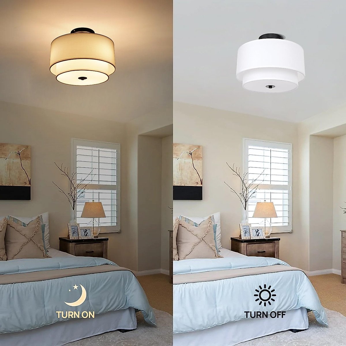 Modern Flush Mount Ceiling Light Fixture - Easric Light Fixtures Ceiling Mount Hallway Light Fixtures Ceiling with White 2-Layer Fabric Shade Drum Ceiling Lights for Bedroom,Living Room,Kitchen,Foyer