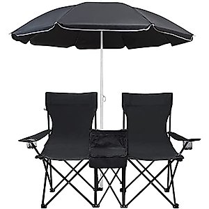 LEADALLWAY Double Camping Chair with Parasol Portable Folding Lawn Chair Support 256 LBS,19''x19''Each seat