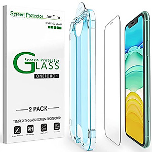 amFilm OneTouch Glass Screen Protector for iPhone 11, iPhone XR (6.1") with Easy Installation Kit, Tempered Glass, 2 Pack