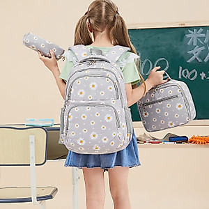 Backpack for Girls Kids Bookbag Primary School Daypack Teens Girls Bags with Lunch Box set (Daisy Grey)