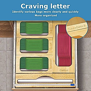 OFFSIR Ziplock Bag Storage Organizer and Plastic Wrap Dispenser, 5 Separate Food Bags Organizer for Kitchen Drawer, Bamboo Bag Holder with Cutter for Gallon, Quart, Sandwich, Snack, Wax, Foil