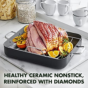 GreenPan Chatham Hard Anodized Healthy Ceramic Nonstick, 16" x 13" Roasting Pan with Roaster Rack, PFAS-Free, Dishwasher Safe, Oven Safe, Gray