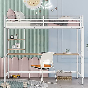 Metal Loft Bed Frame, Twin Size Loft Bed with Desk and Storage Shelves, Metal Bed Frame with Safe Guardrail & Ladder for Kids Teens Adults, Space Saving Loft Bed, No Box Spring Needed (White)