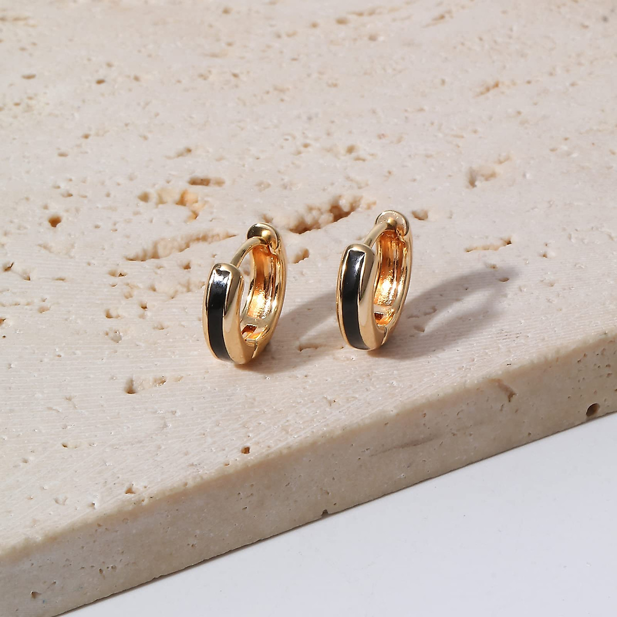 DoreenBox Black Enamel Small Hoop Earrings for Women, 18K Gold Plated Mini Huggie Earrings Hypoallergenic Cartilage Huggie Hoops Boho Jewelry Gift 12mm