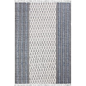 Casavani Hand Block Printed Cotton Dhurrie Striped Tassel Rug Boho Area Rug Easy Care Washable Rugs for Doormat Entryway Living Room Bedroom Hallway Balcony 6x6 Feet Square