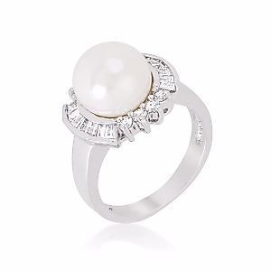 Kate Bissett Genuine Rhodium Plated Bridal Ring with 10 mm Simulated Pearl and Accentuated with Clear CZ Size 10