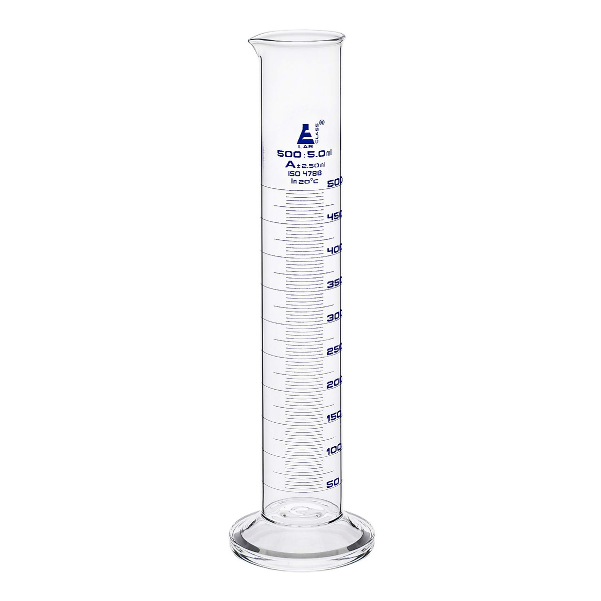 EISCO Graduated Cylinder, 500ml - Class A Tolerance ±2.50ml - Round Base - Blue Graduations - Borosilicate 3.3 Glass