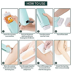 Portable Waxing Roller Kit for Hair Removal,Roll on Waxer,Rolling Wax,Waxing Kit for Women and Men,1 Portable Wax Warmer (Heater), 2 Roll On Wax Cartridge,100pcs Depilatory Paper (Green)