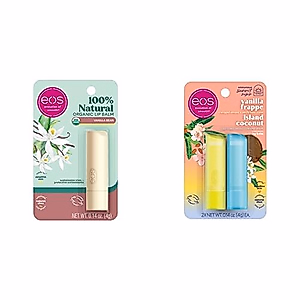 Bundle of eos 100% Natural & Organic Vanilla Bean Lip Balm Stick + eos Sunset Sips Lip Balms- Island Coconut & Vanilla Frappe, All-Day Moisture, Lip Care
