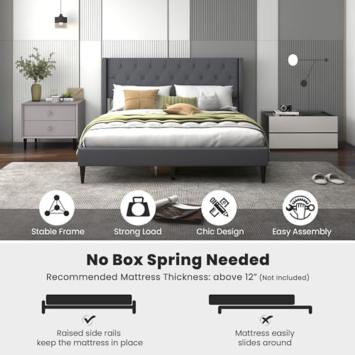 GORELAX Upholstered Queen Bed Frame, Mattress Foundation w/Button Tufted Headboard, Wood Slat Support No Box Spring Needed, Easy Assembly, Low Platform Bed Frame (Grey, Queen)