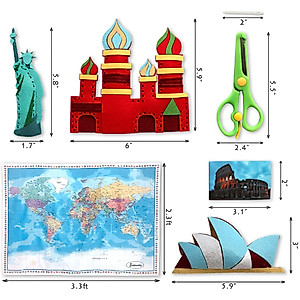 i-daum Sewing Kit for Kids - Worldwide Landmarks Craft kit w. World map, Information Cards, Educational Arts & Crafts Gift for Boys and Girls Ages 8-12, DIY Kid Felt Sewing Project Includes 37 Items