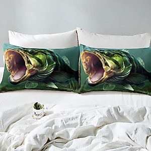 Erosebridal Big Bass Fish Bed Set Sea Ocean Animal Duvet Cover, Pike Fish Print Full Bedding Sets Hunting and Fishing Comforter Cover, Rustic Lake River House Farmhouse Bed Cover Lightweight