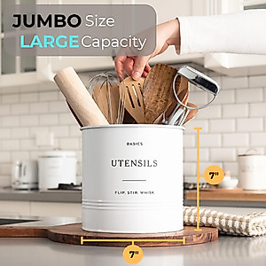 D'Lifeful Farmhouse Kitchen Utensil Holder (Jumbo Size - 7" x 7”) - Large Utensil Caddy for Countertop, Utensil Holder for Kitchen Counter Decor, Utensil Organizer (White)