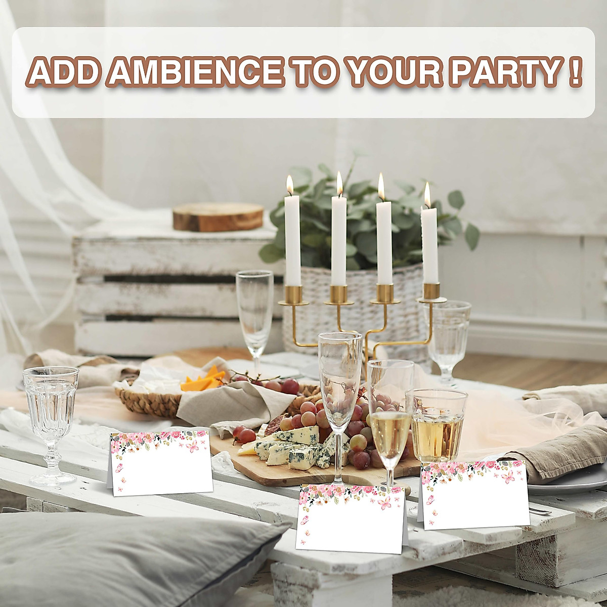 Butterfly Table Place Cards - 25PCS Tent Cards - Blush Pink Floral Butterfly Themed Food Lables - Name Place Cards for Table Setting - Name Cards for Birthday Party Baby Shower - Scored for Easy