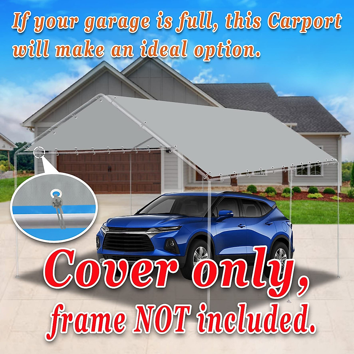 Strong Camel Carport Conopy Cover 10'x20' Replacement for Car Tent Outdoor Top Garage Shelter with Ball Bungees, SIL (Only Cover, Frame Not Included)