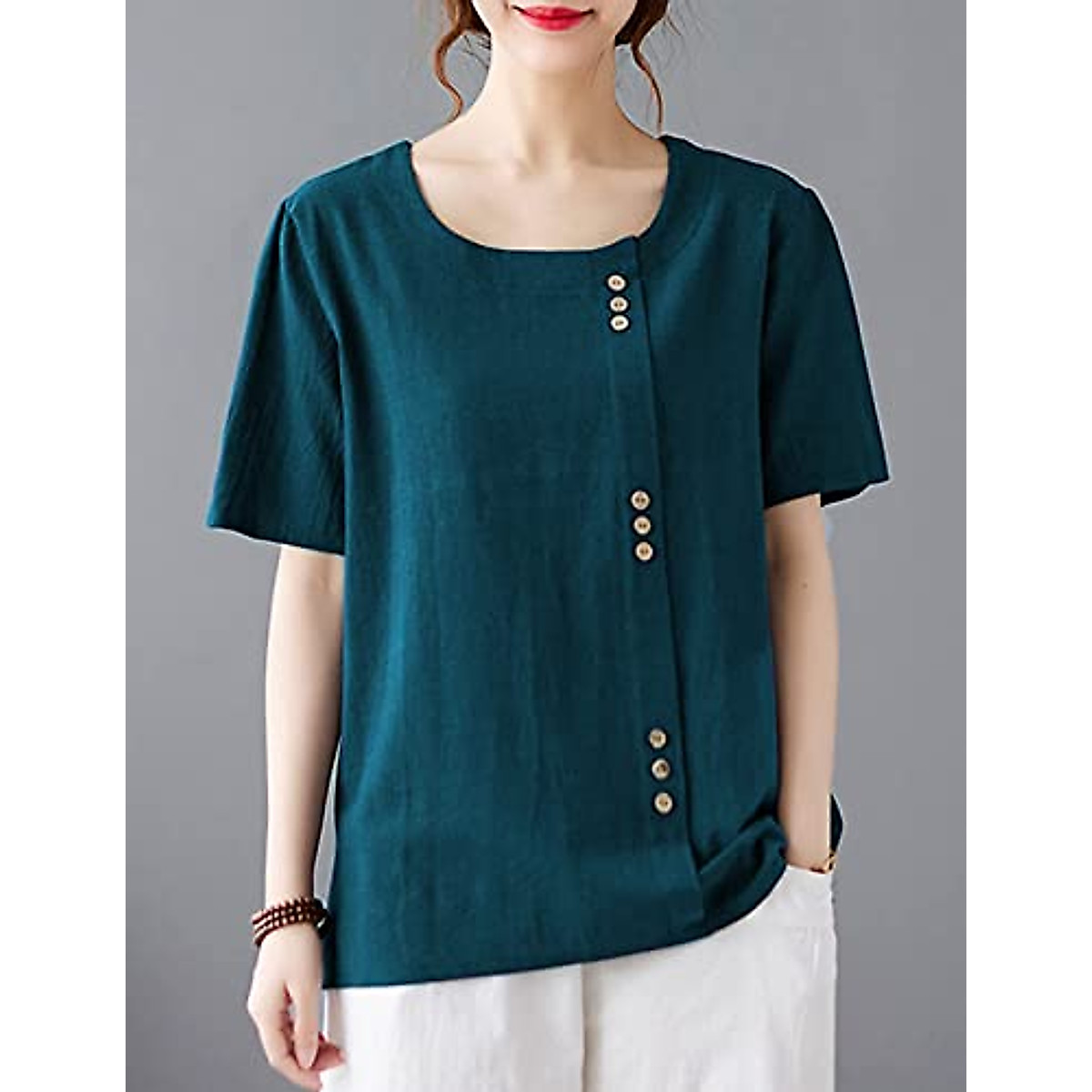 Yeokou Women Cotton Blend Crew Neck Short Sleeve Basic Tunic Tee Shirts Tops Blouse(Teal-XL)