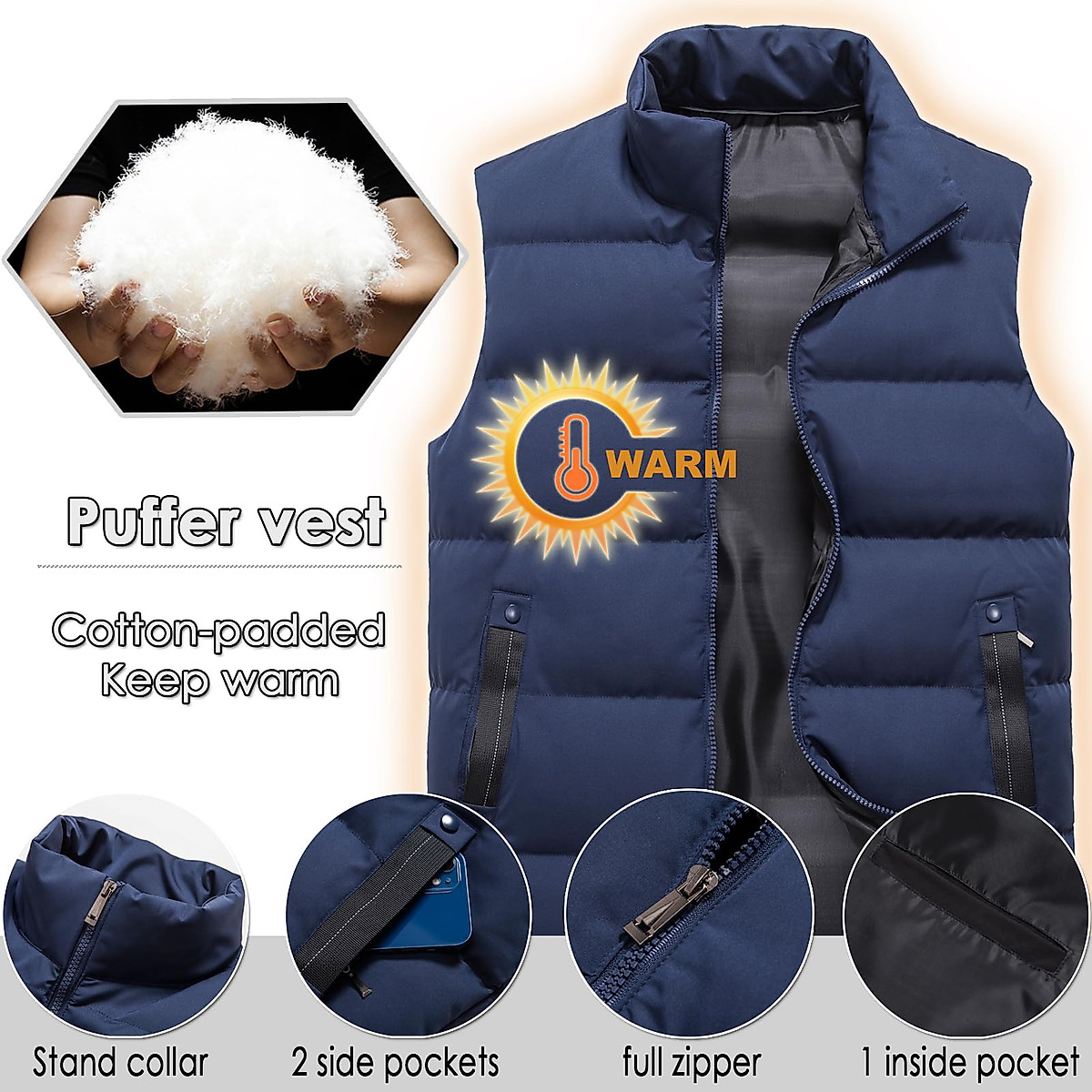 XinYangNi Men's Outdoor Casual Puffer Vest Padded Jacket Outerwear Vests Dark Blue XX-Large