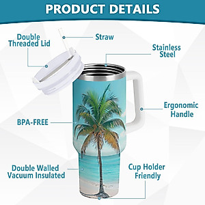Qilmy 30 oz Beautiful Palm Tree Tumbler with Handle and Straw Lid for Water Iced Tea or Coffee, Stainless Steel Insulated Leak-proof Travel Coffee Mug Cup Gifts