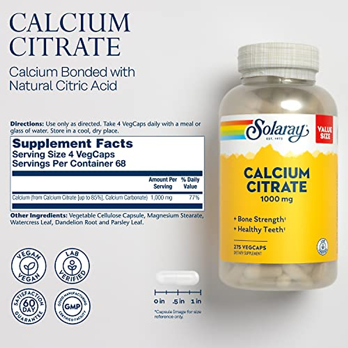 Solaray Calcium Citrate 1000mg, Chelated Calcium Supplement for Bone Strength, Healthy Teeth & Nerve, Muscle & Heart Function Support, Easy to Digest, 60-Day Guarantee, Vegan (68 Serv, 275 Count)
