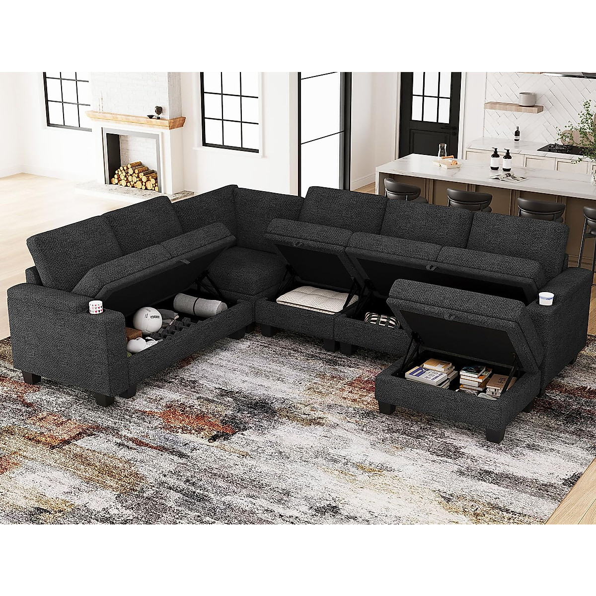 Belffin Modular Sectional Sofa with Storage, L Shaped Sectional Couch with Chaise. Convertible Corner Sectional Couch for Living Room. Dark Gray Couch.