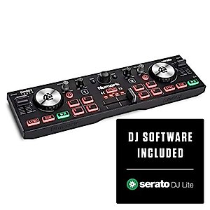Numark DJ2GO2 Touch – Compact 2 Deck USB DJ Controller For Serato DJ with a Mixer / Crossfader, Audio Interface and Touch Capacitive Jog Wheels,Black